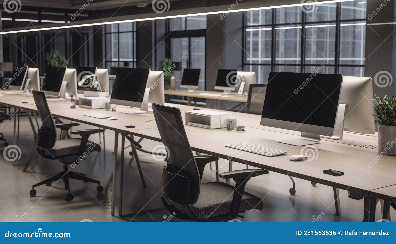 Modern Open Space Office with Computer Monitors on White Desks. Ai ...