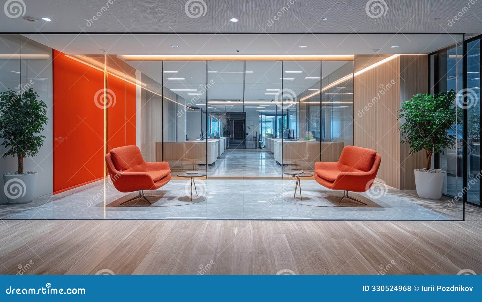 Modern Open Space Office Interior with Glass Partitions and Two Orange ...