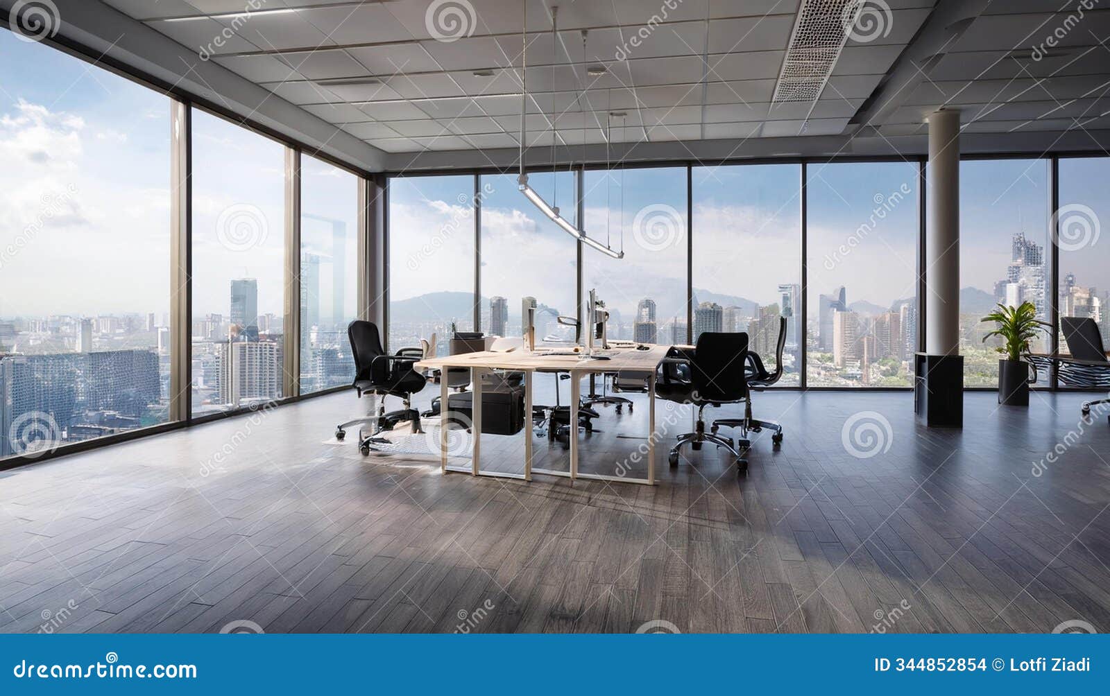 Modern Open-space Office Interior with Large Windows and City View. 3D ...