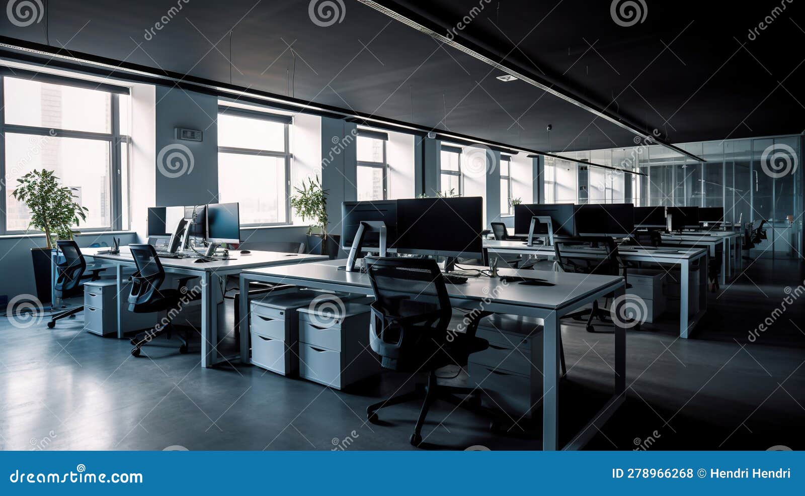 Modern Open Space Office with Rows of Computer Tables. Generative Ai ...
