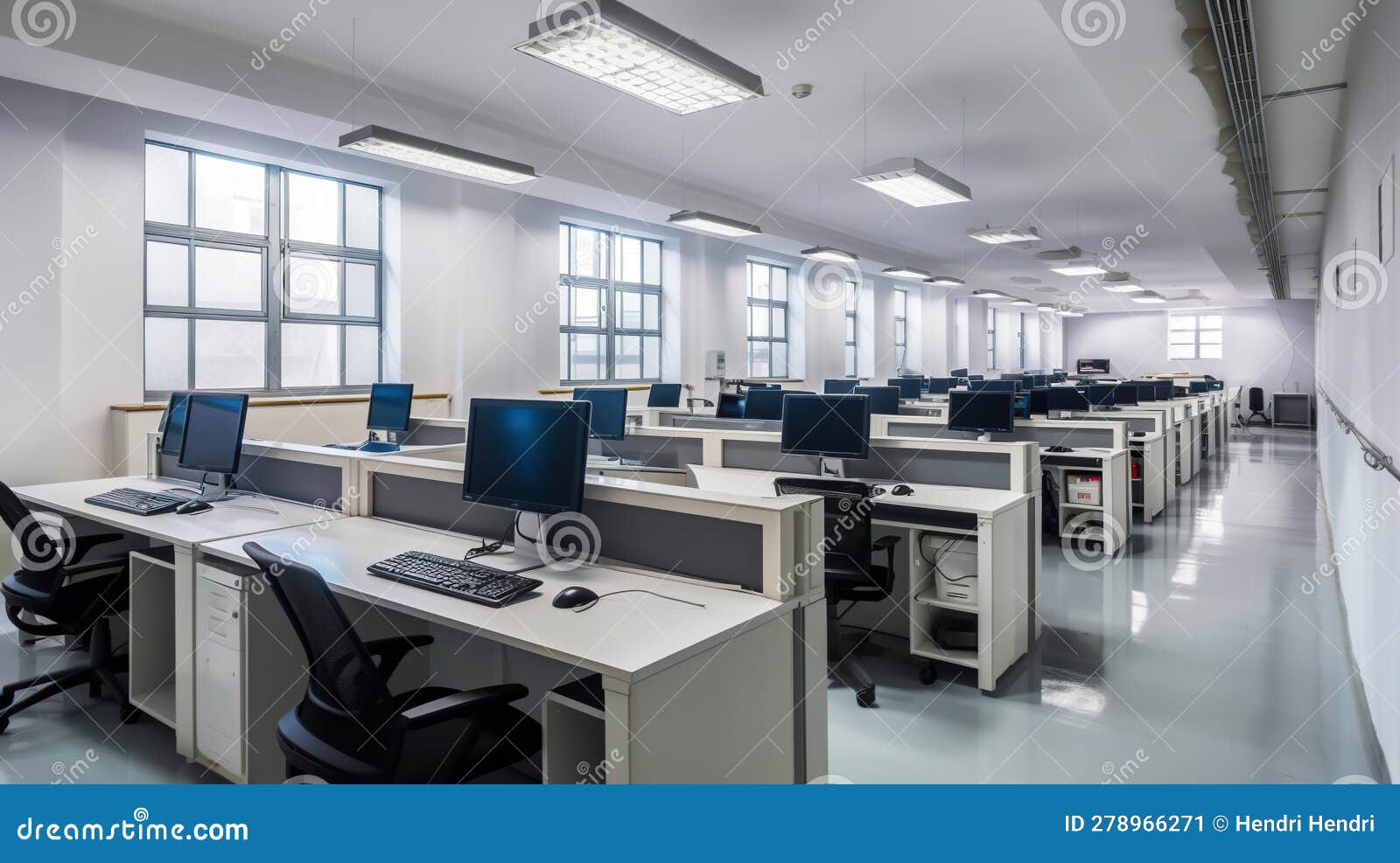 Modern Open Space Office with Rows of Computer Tables. Generative Ai ...