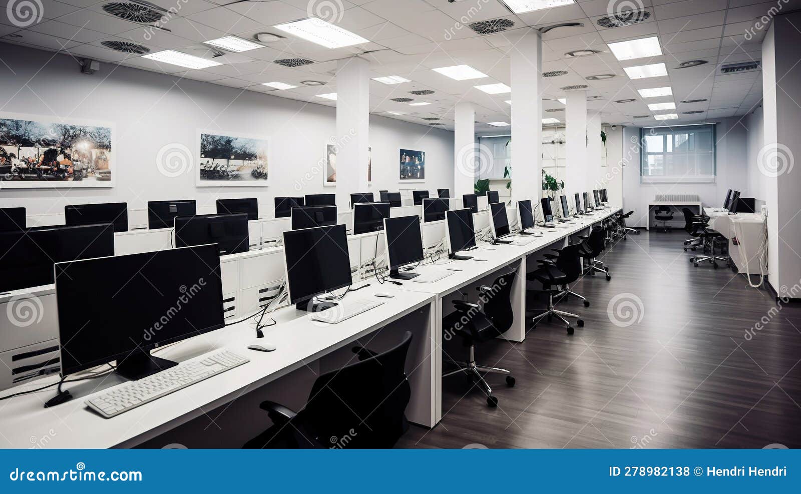 Modern Open Space Office with Rows of Computer Tables. Generative Ai ...