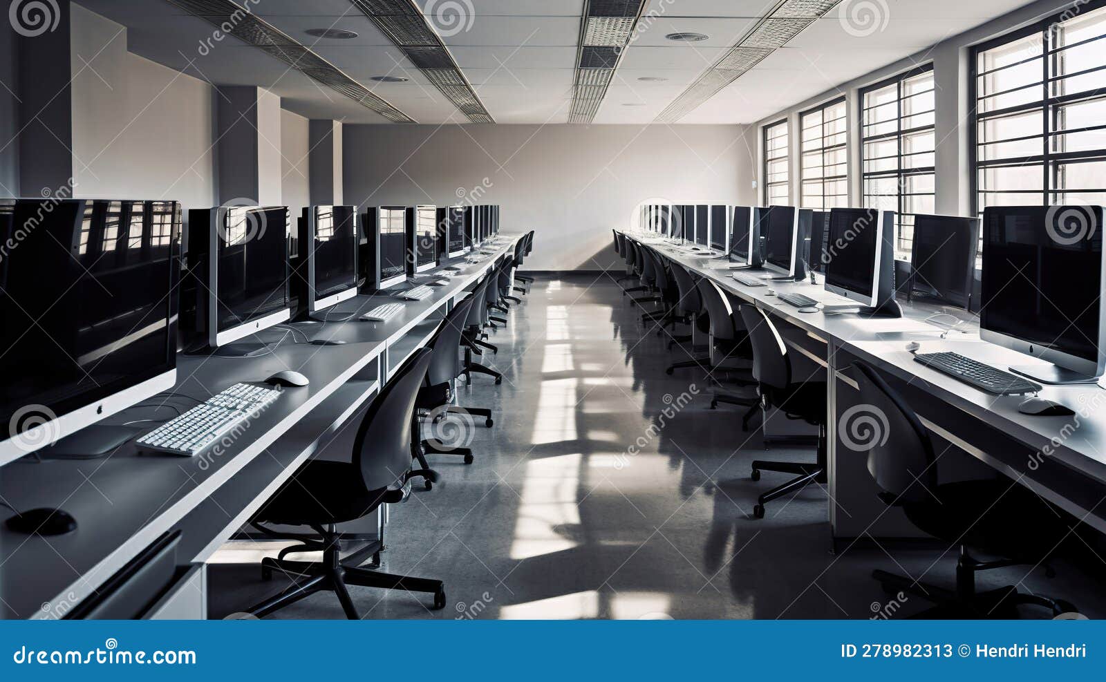 Modern Open Space Office with Rows of Computer Tables. Generative Ai ...