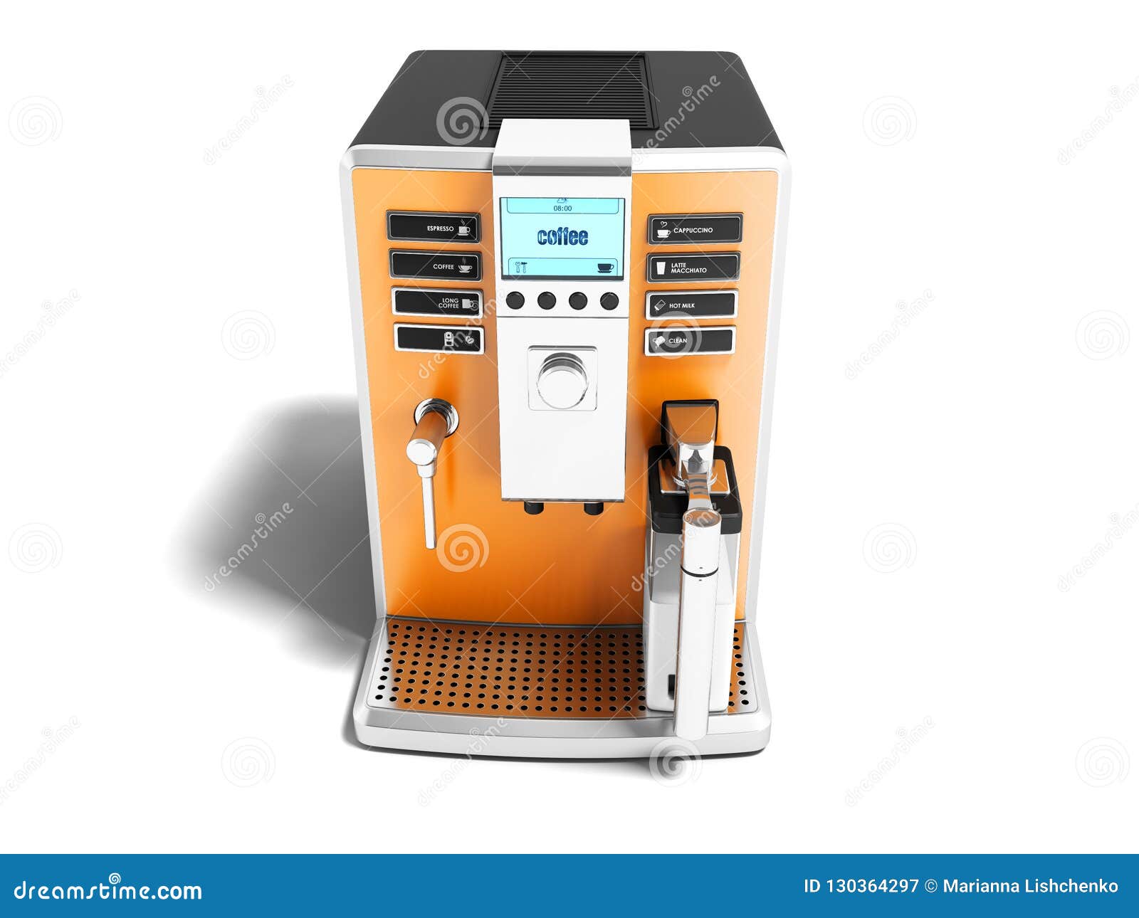 Modern Orange Coffee Machine with Milk Dispenser on One Cup Front View ...