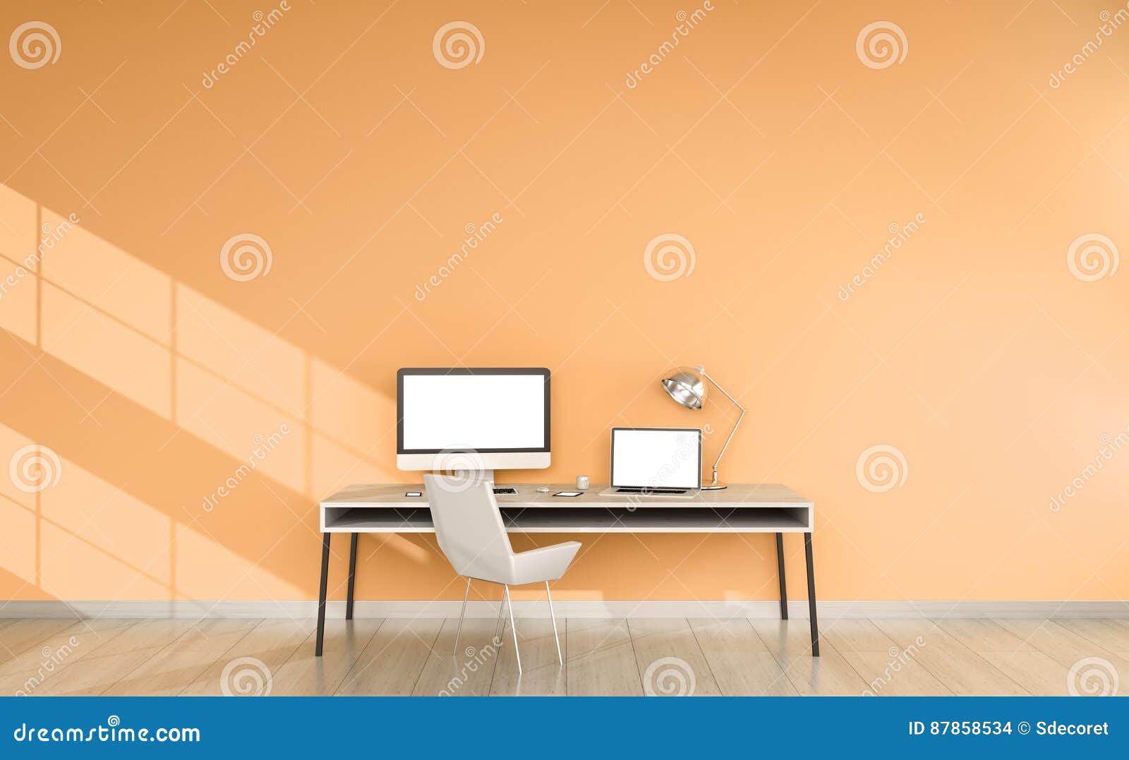 Modern Orange Desktop Interior with Devices 3D Rendering Stock ...