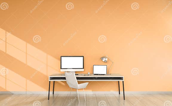 Modern Orange Desktop Interior with Devices 3D Rendering Stock ...