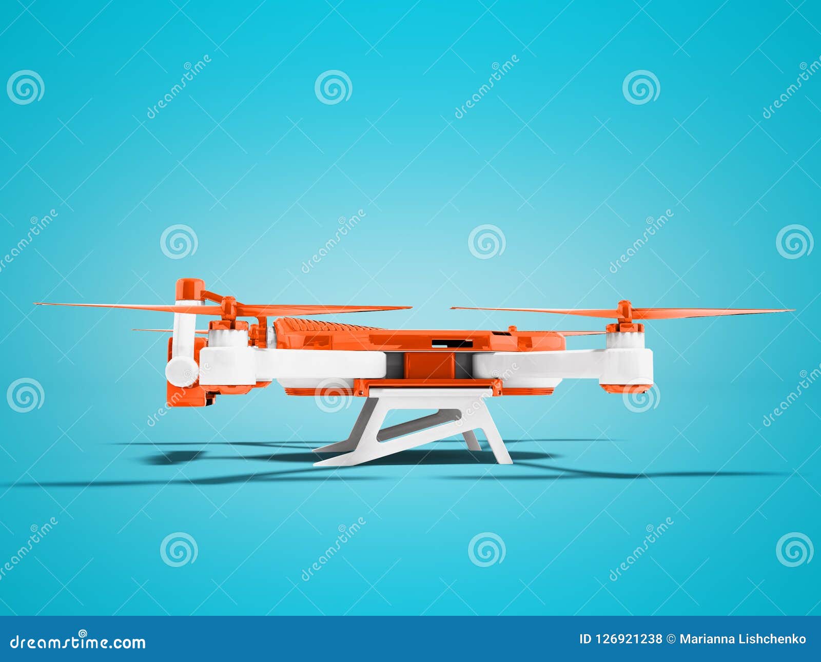 Modern Orange Drone Side View 3d Render on Blue Background with Shadow ...