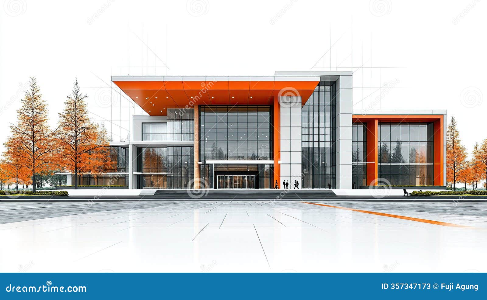 Modern Orange Glass Building Architectural Design Rendering with Trees ...