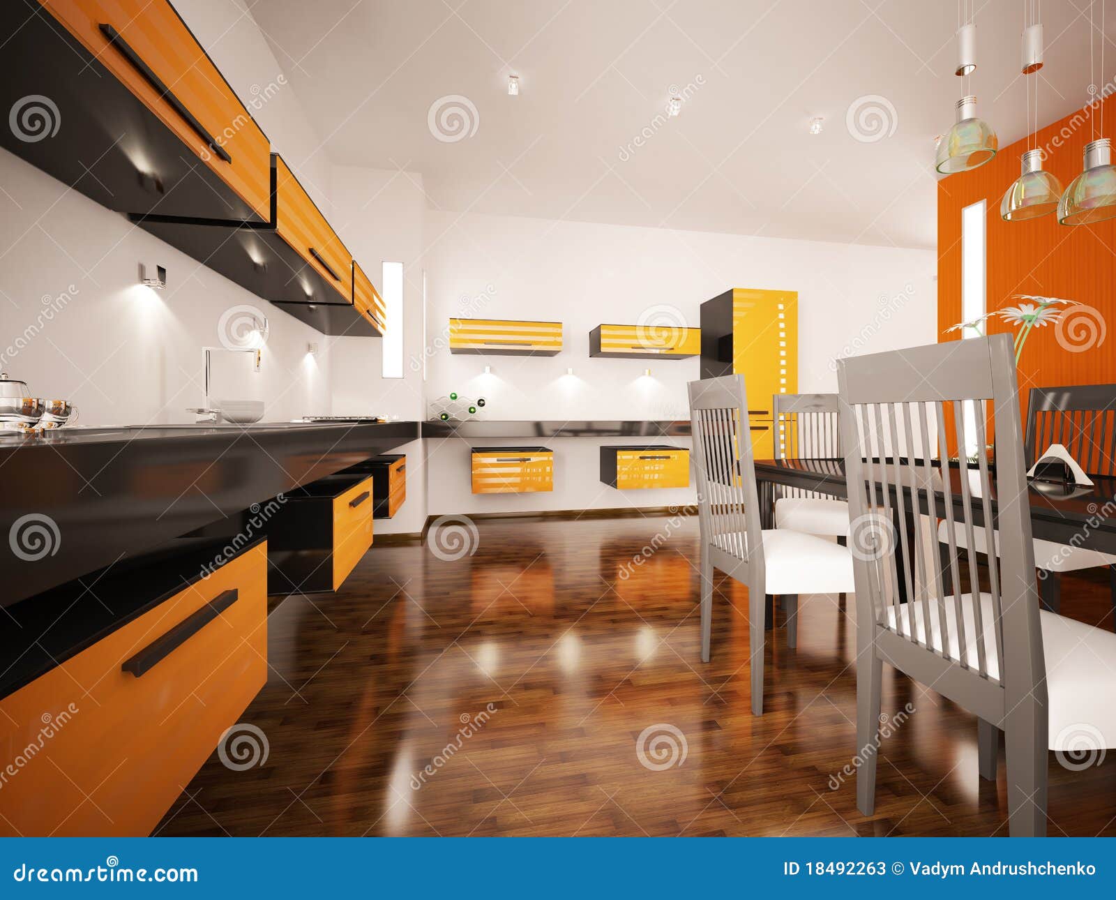 Modern Orange Kitchen Interior 3d Render Stock Illustration ...