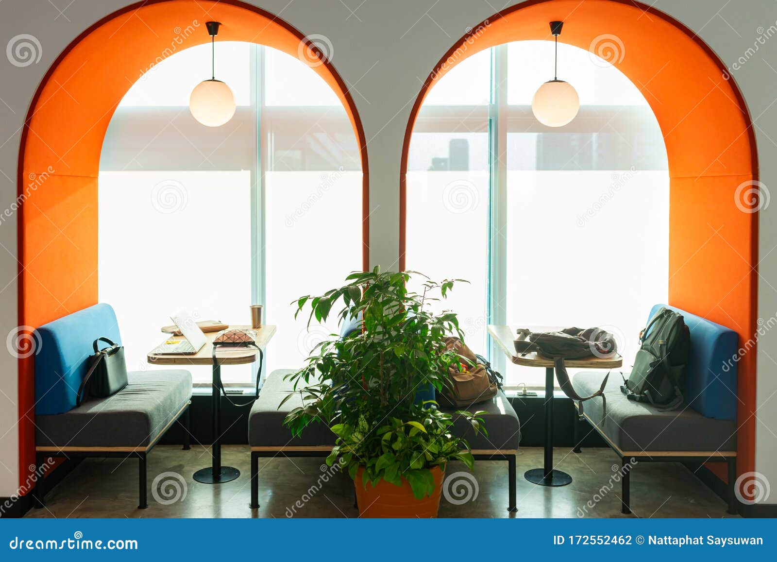 Modern Orange Office with Private Table Stock Photo - Image of white ...
