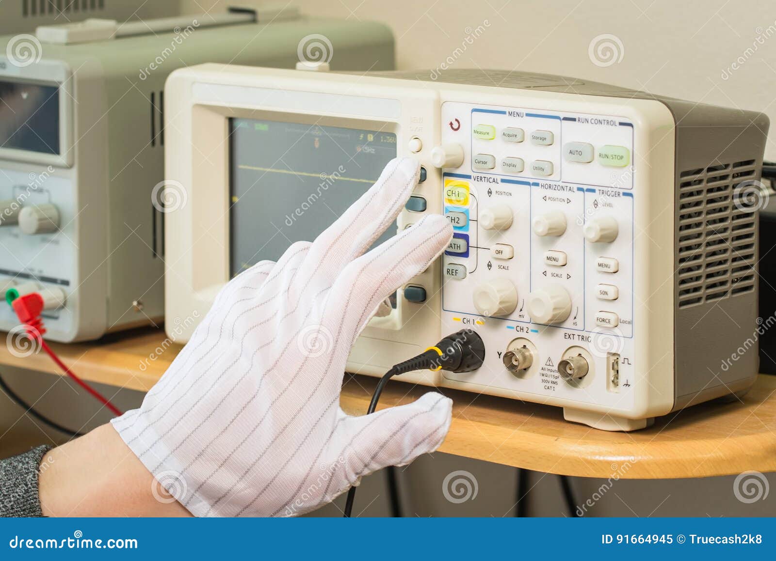 Modern Oscilloscope, Man`s Hand Adjusting Wave Signals, Closeup Stock ...
