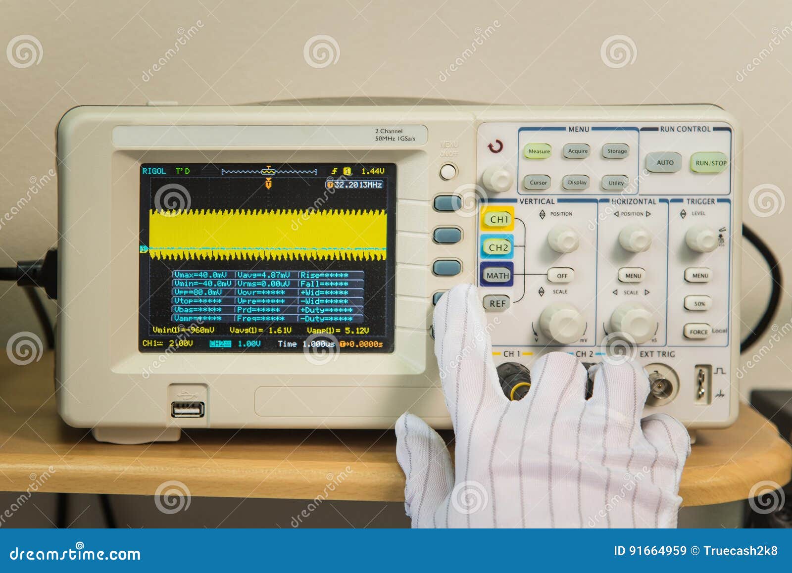 Modern Oscilloscope, Man`s Hand Adjusting Wave Signals, Closeup Stock ...