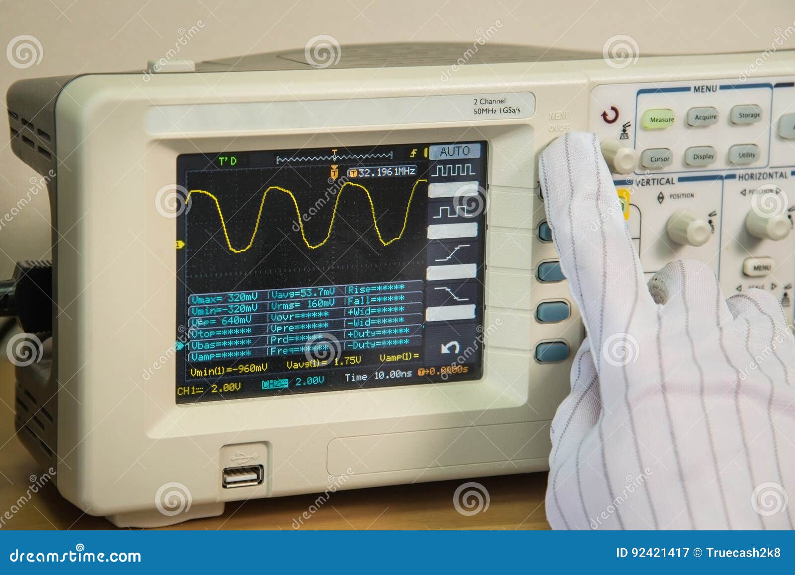 Modern Oscilloscope, Man`s Hand Adjusting Wave Signals, Closeup Stock ...