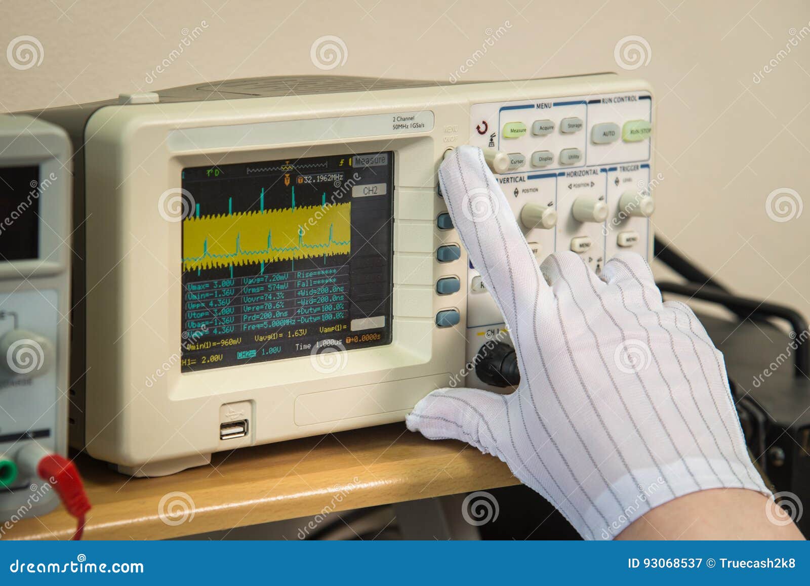 Modern Oscilloscope, Man`s Hand Adjusting Wave Signals, Closeup Stock ...