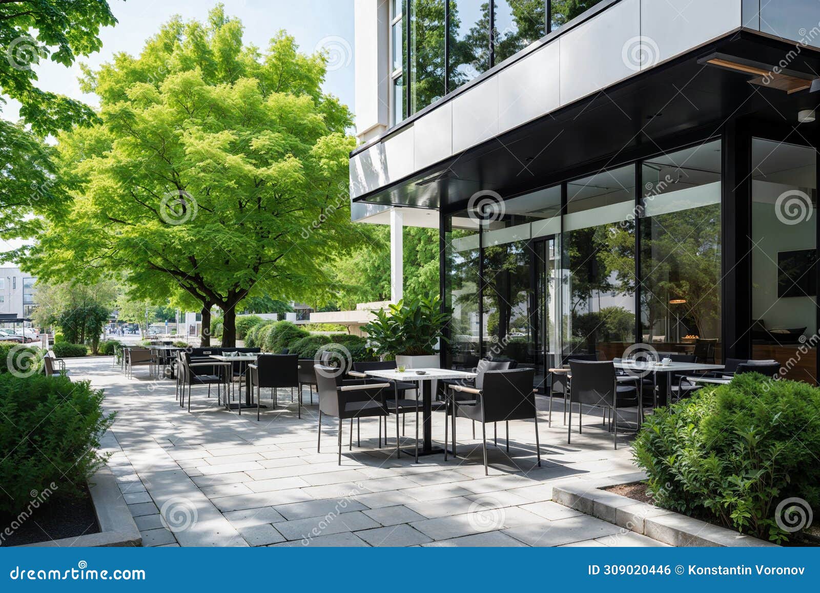 Modern Outdoor Cafe Terrace with Dining Tables in an Urban Setting ...
