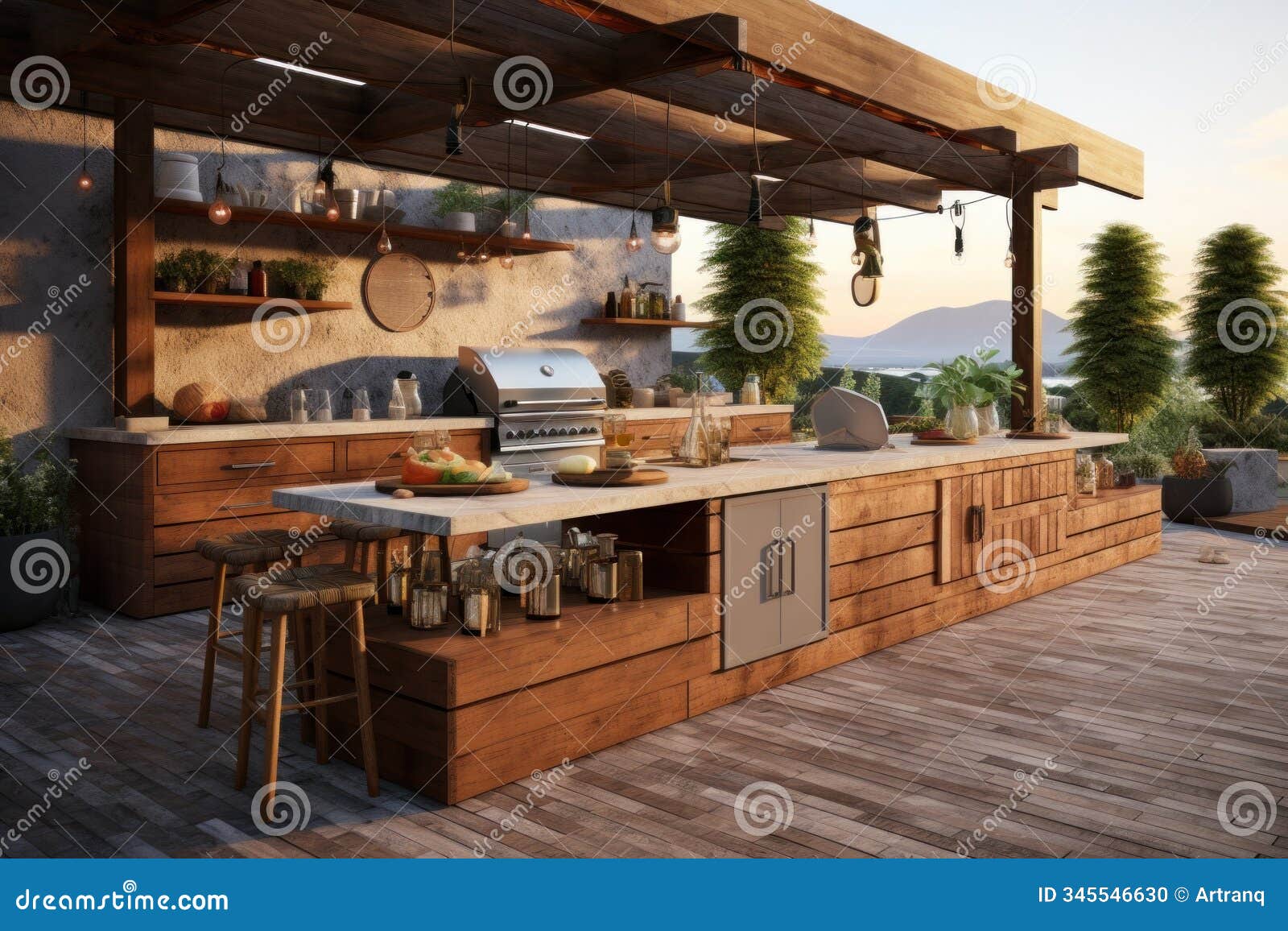 Modern Outdoor Kitchen at Sunset Stock Illustration - Illustration of ...