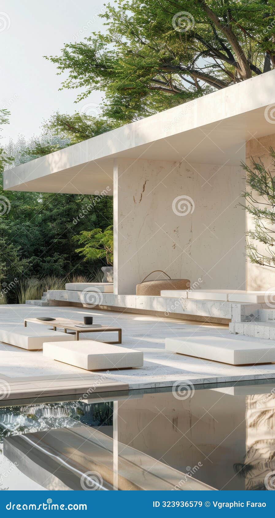 Modern Outdoor Seating Area with Trees and Reflective Pool Stock Image ...