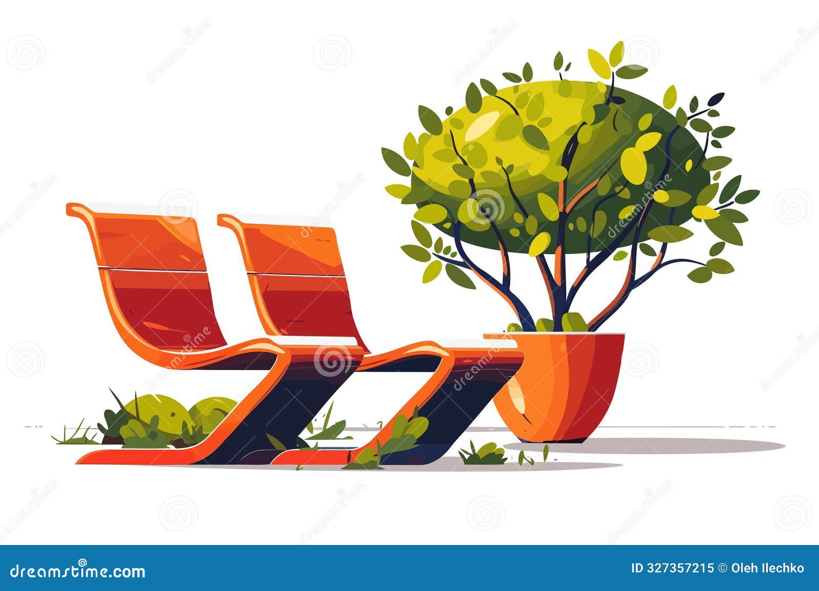 Modern Outdoor Seats and Tree Pot Isolated Vector Style Stock Vector ...