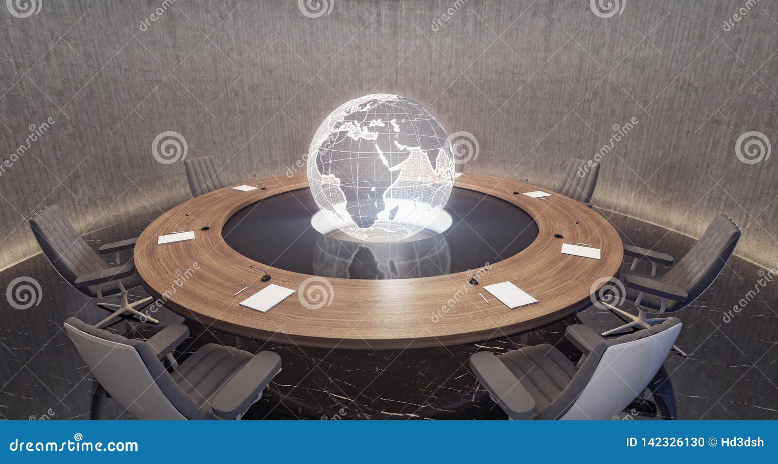 Modern Oval Meeting Room with Planet Earth Globe Stock Illustration ...