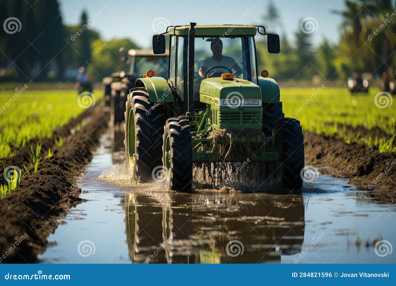 Modern Paddy Tractor in Paddy Field Stock Illustration - Illustration ...