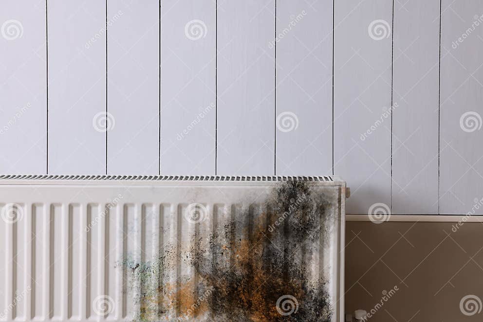 Modern Panel Radiator Affected by Rust on White Wooden Wall Stock Image ...