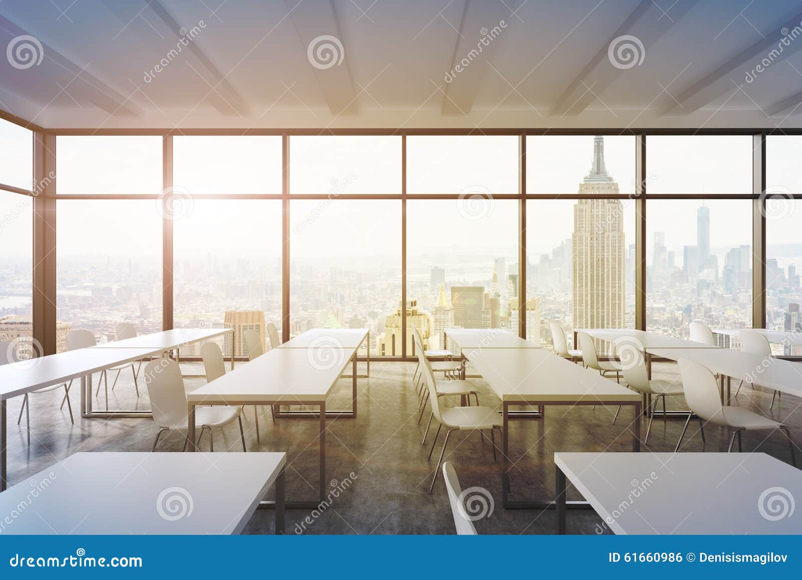 A Modern Panoramic Classroom with New York View. White Tables and White ...