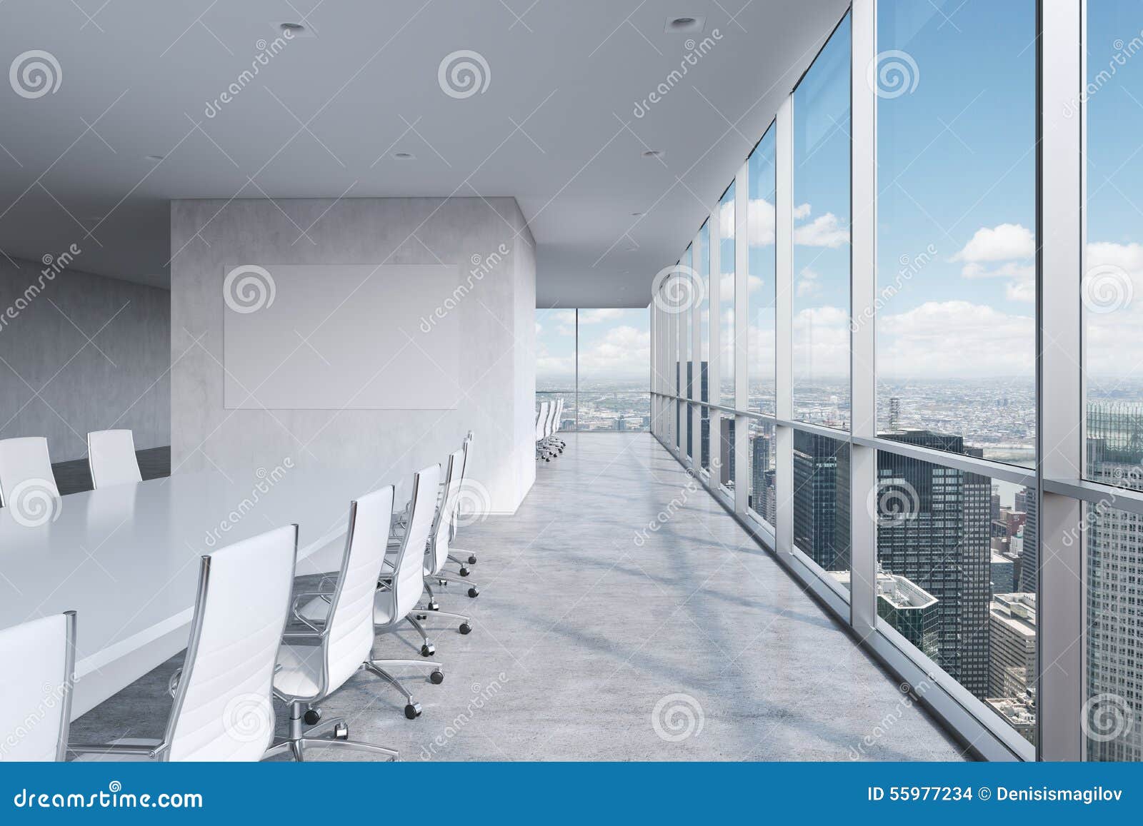 Modern Panoramic Conference Room. A White Rectangular Table And Chairs ...