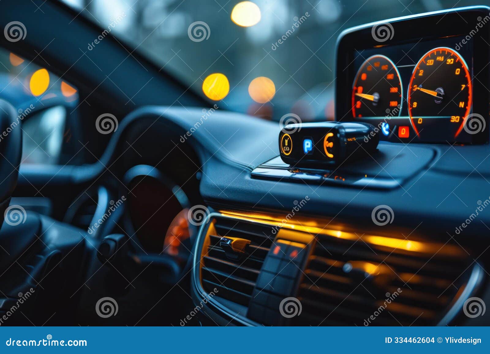 Modern Parking Sensor Device Lying on Car Dashboard in the Evening ...