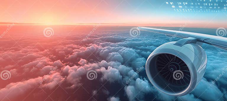 Modern Passenger Jet Engine Soaring Above Sunset Clouds, Enhanced with ...