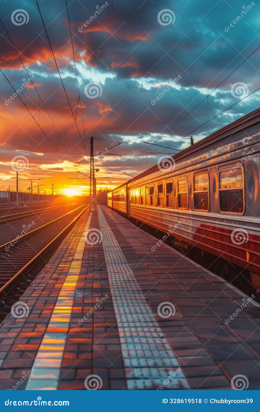 Modern Passenger Train at Sunset on Railway Platform Stock Illustration ...