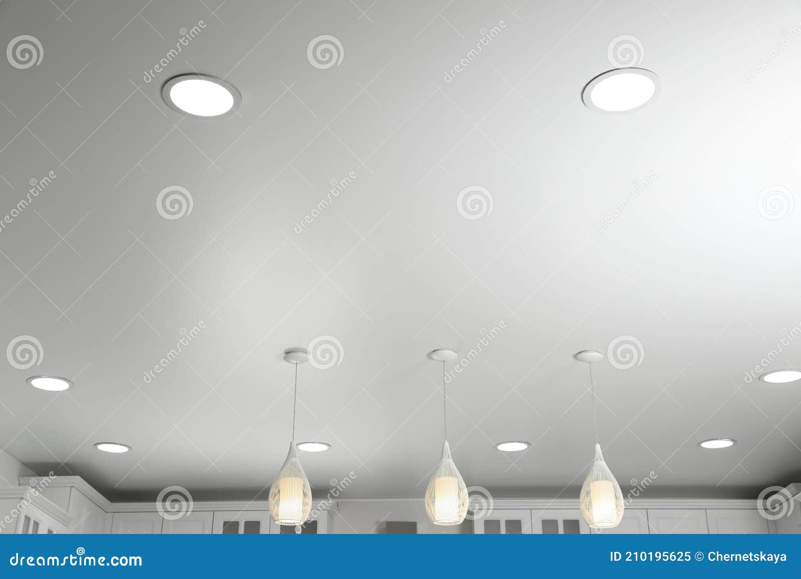 Modern Pendant Lamps on White Ceiling Indoors Stock Image - Image of ...