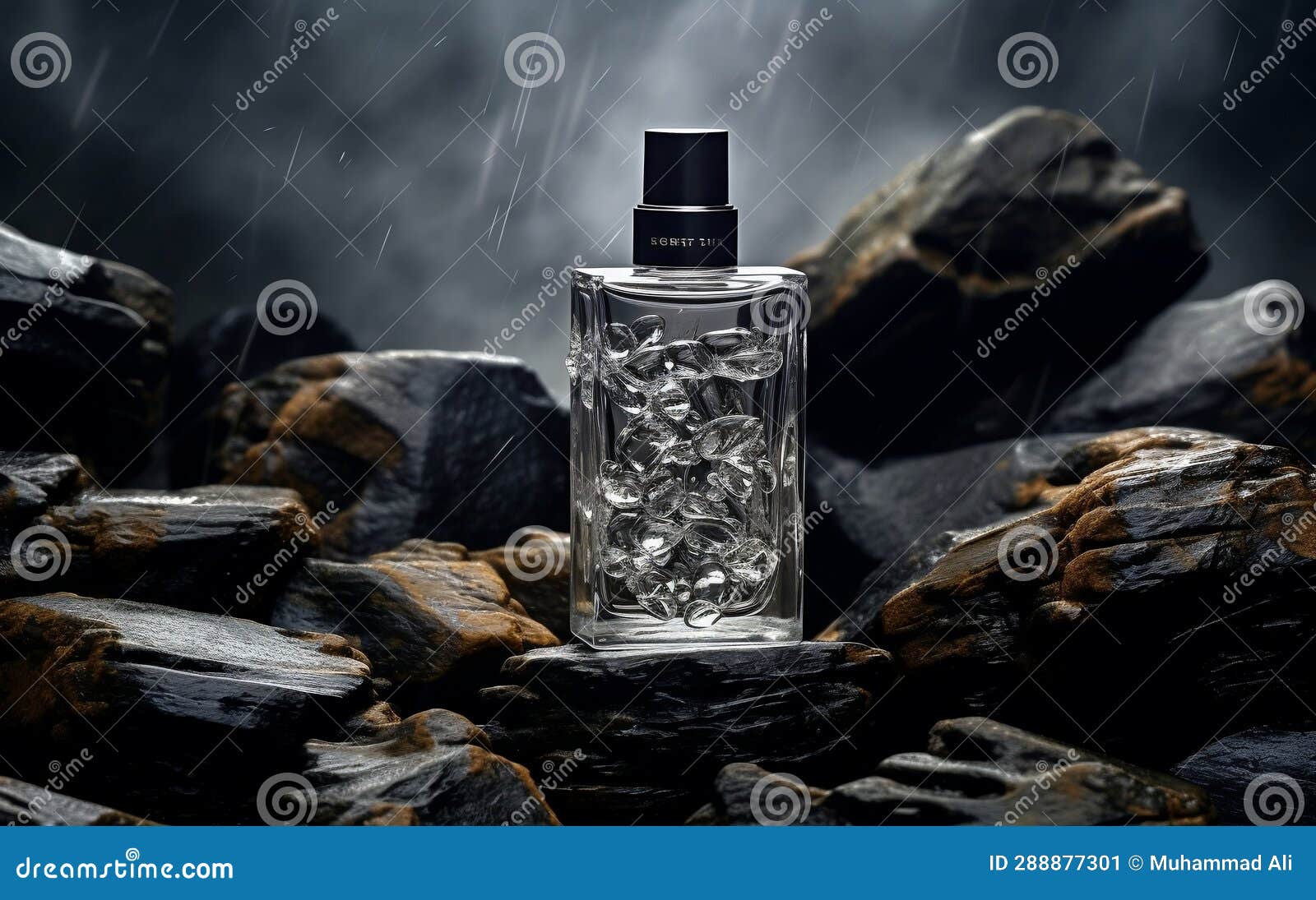 Modern Perfume Bottle on Black Rocks. Generative AI Stock Image - Image ...
