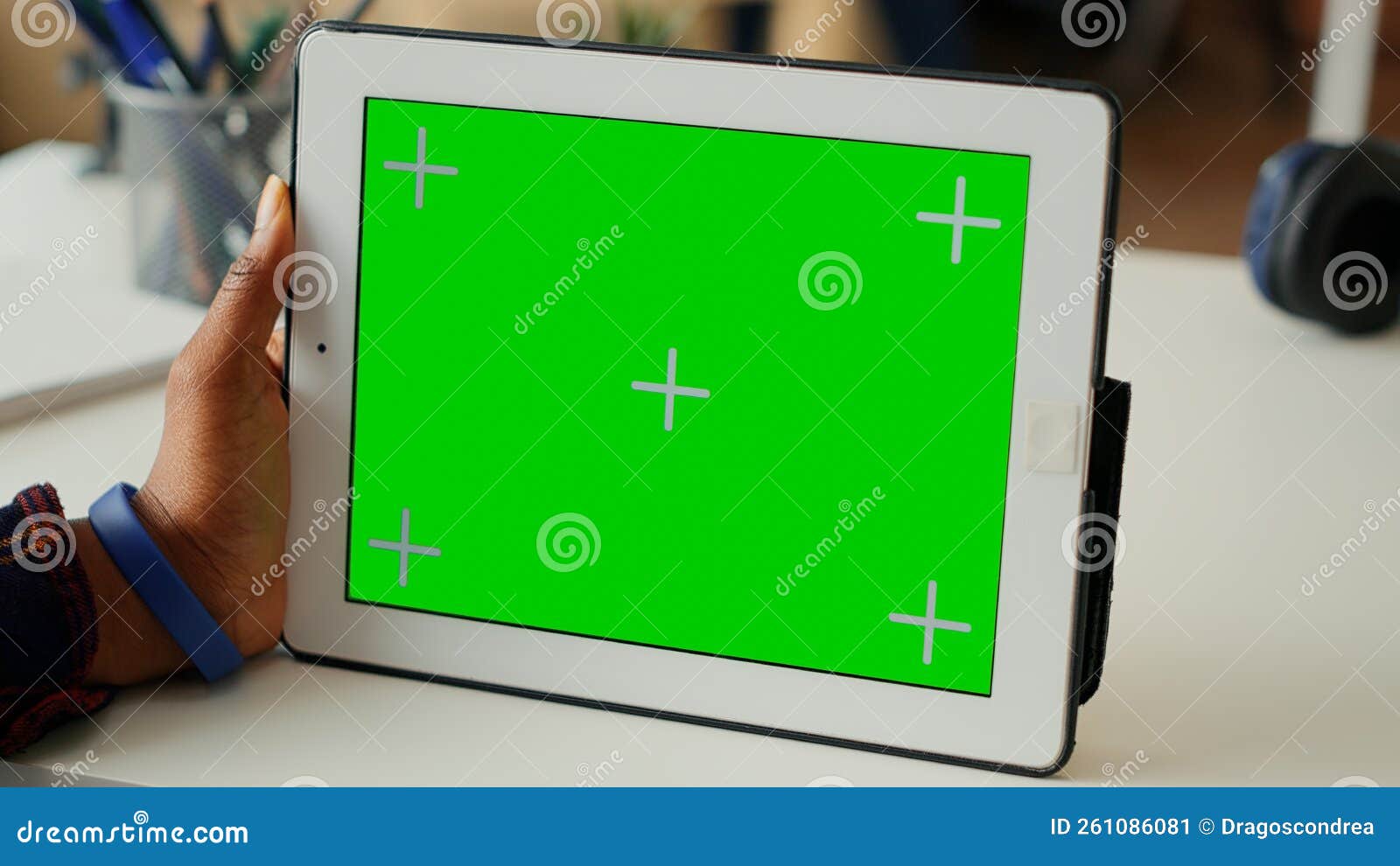 Modern Person Looking at Horizontal Greenscreen Display on Tablet Stock ...