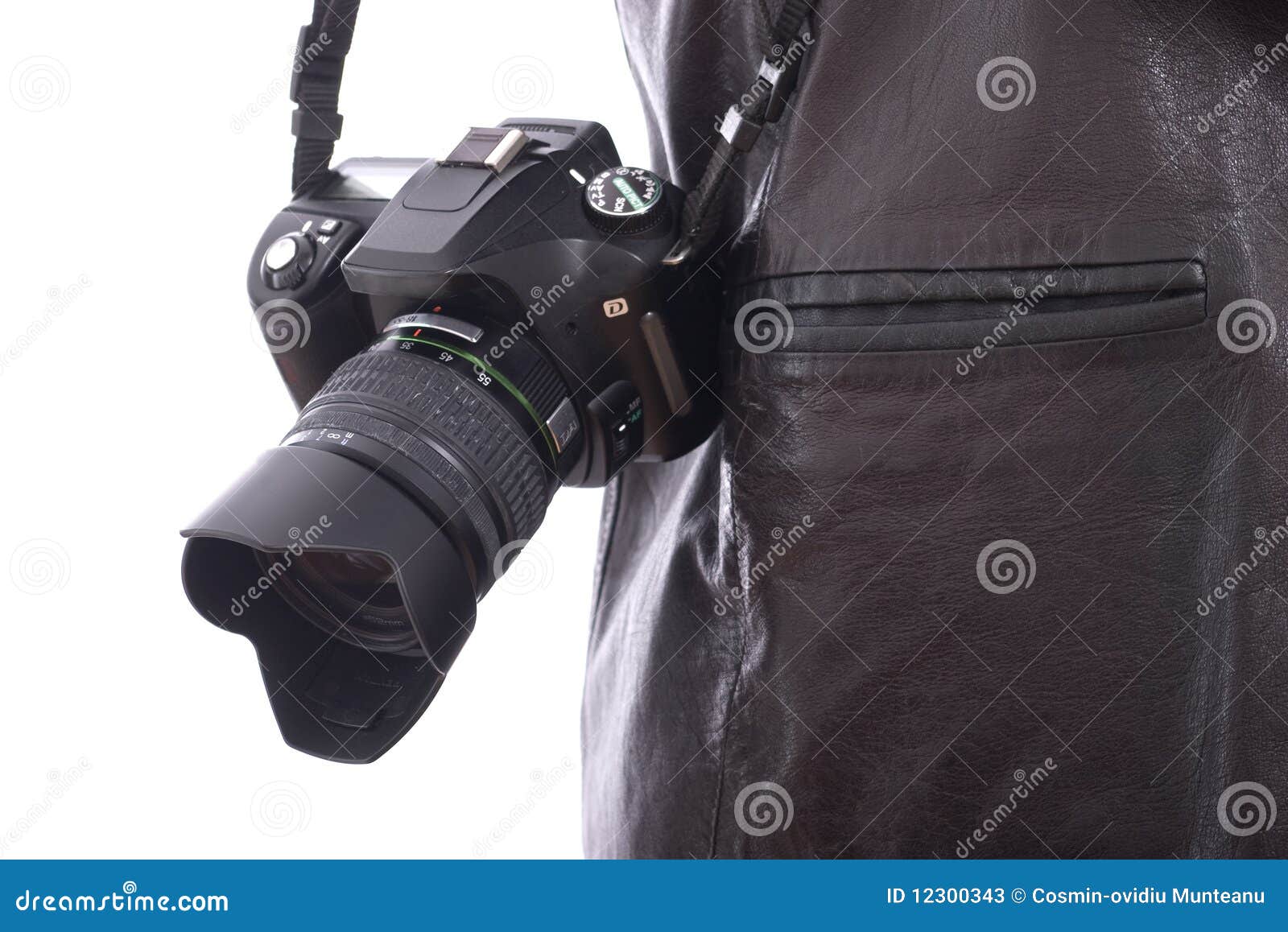 Modern Photo SLR Camera Hanging on the Shoulder Stock Image - Image of ...