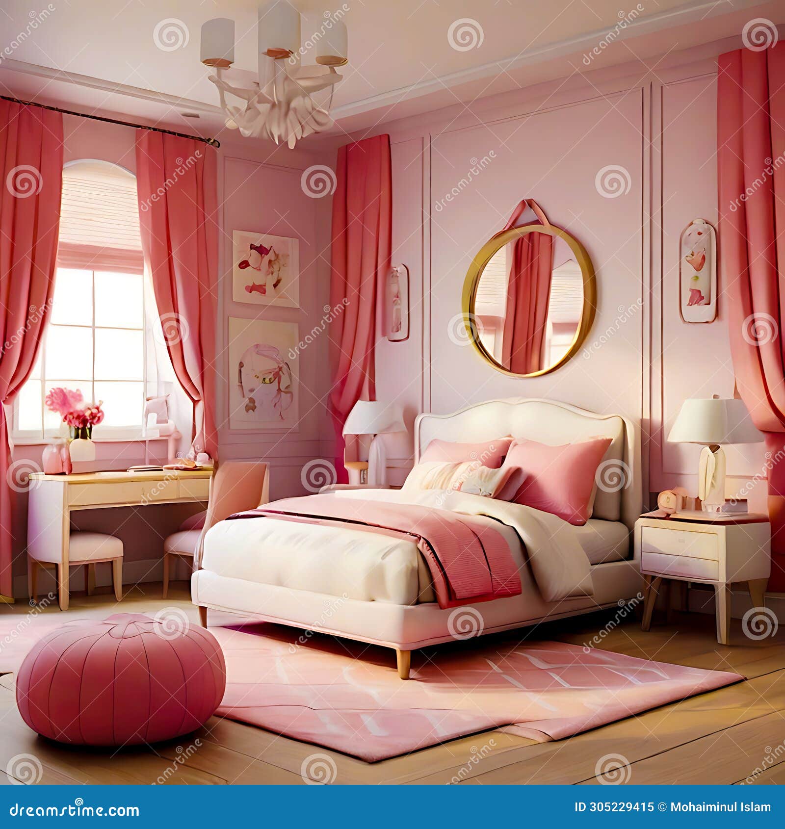 Modern Pink Cozy Bedroom Illustration. Generative AI Stock Illustration ...