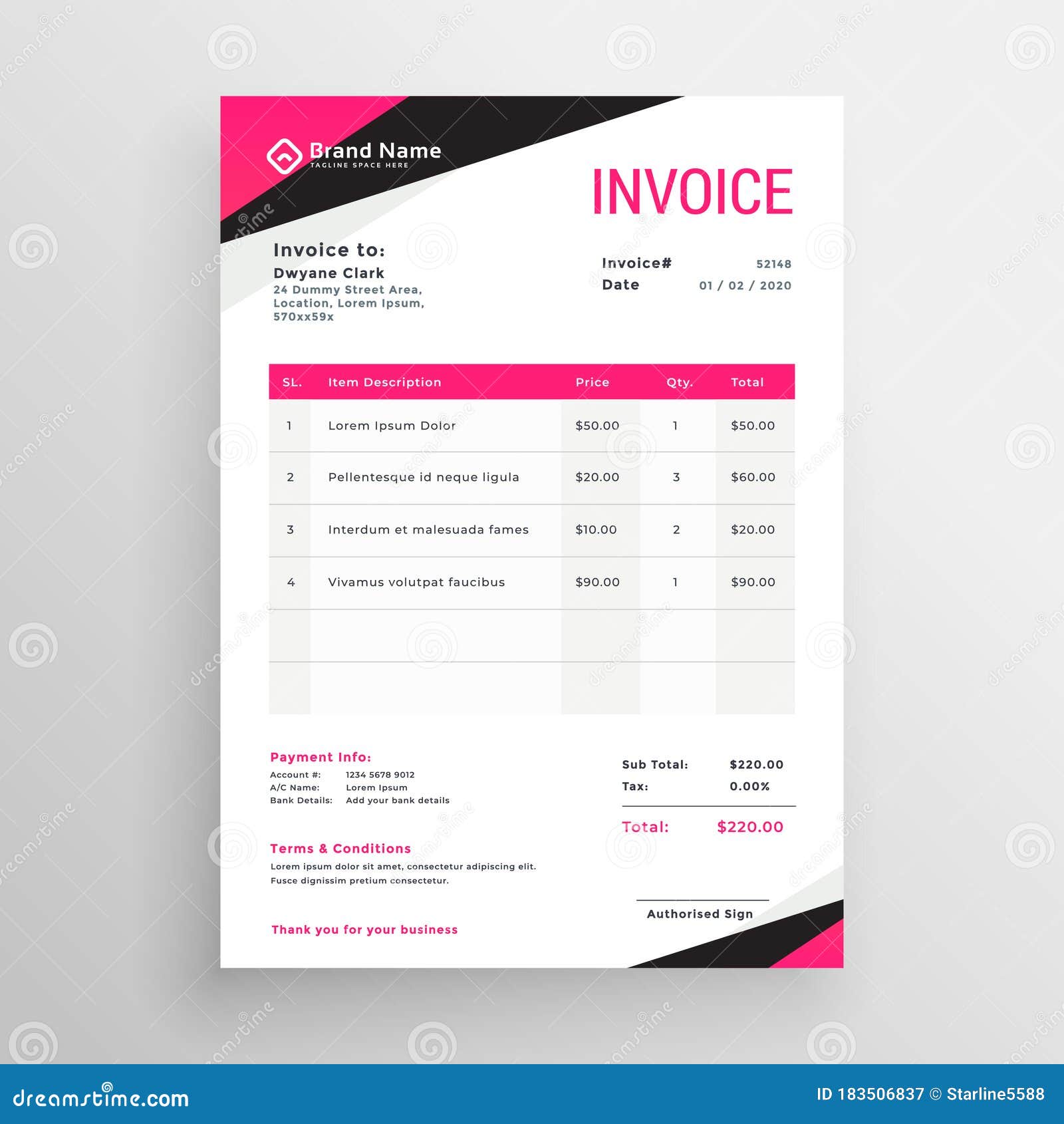 Modern Pink Geometric Invoice Template Design Stock Vector ...