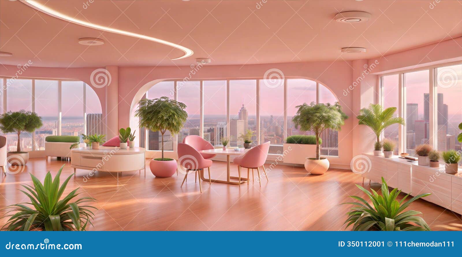 Modern Pink Office Interior with City View and Abundant Greenery Stock ...