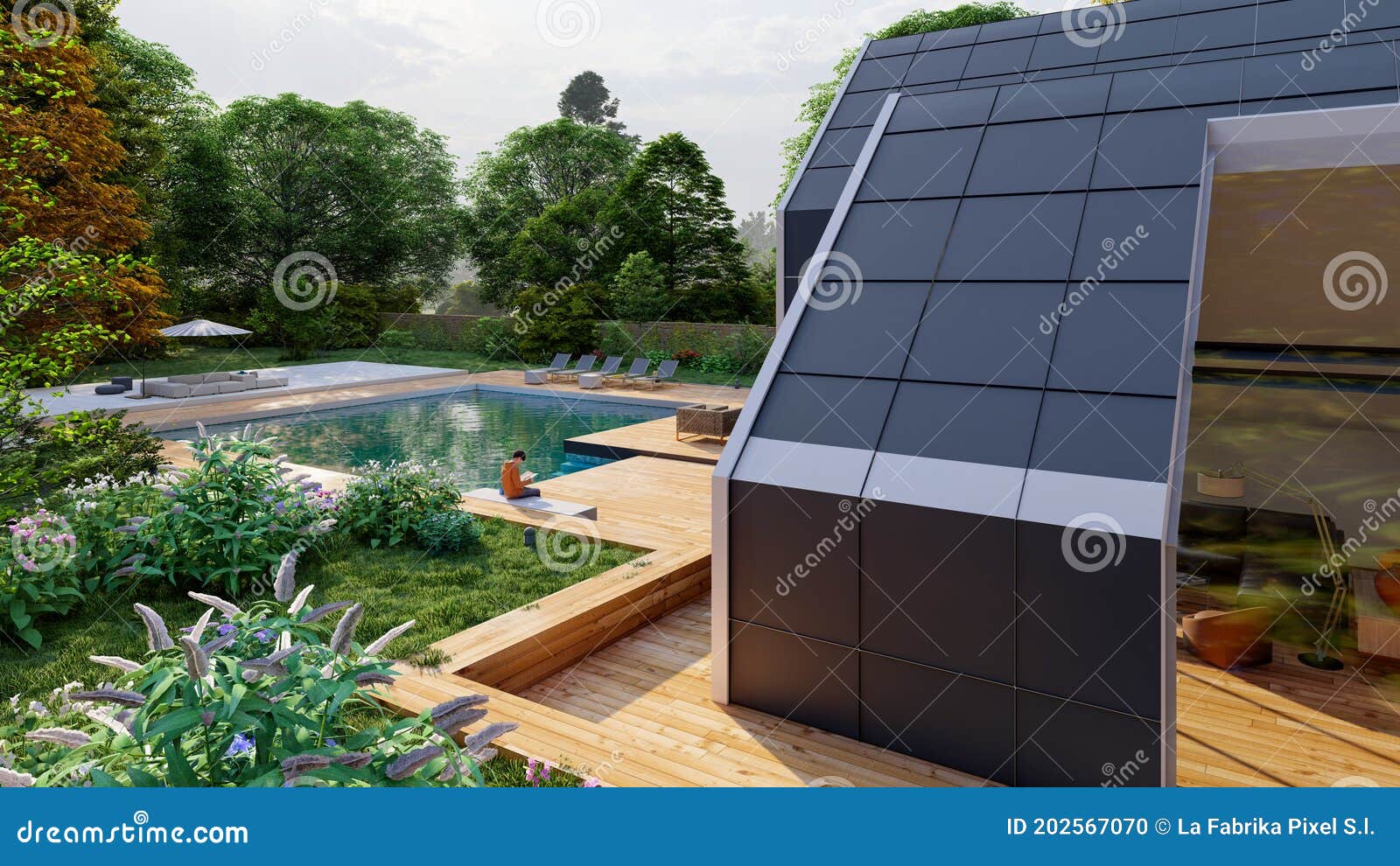 Modern Pitched Roof Villa with Pool and Garden Stock Illustration ...