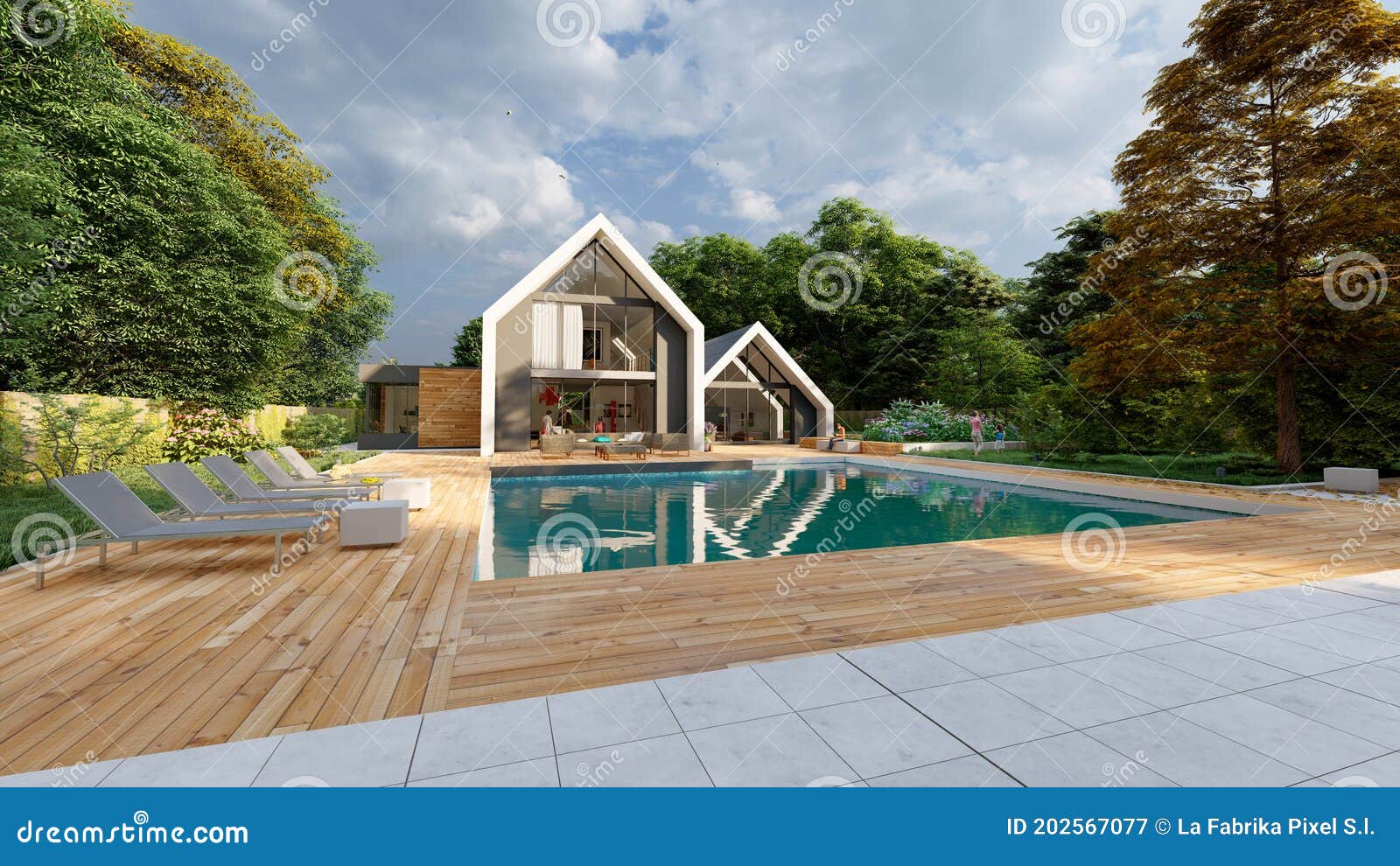 Modern Pitched Roof Villa with Pool and Garden Stock Illustration ...