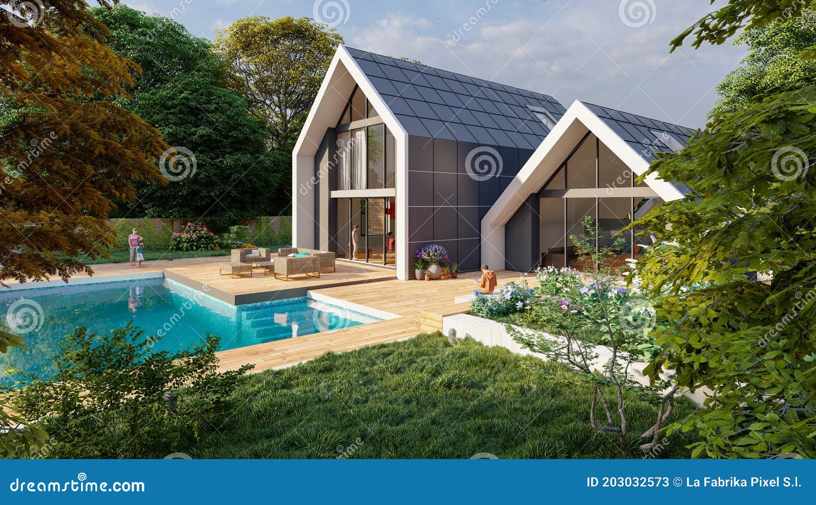 Modern Pitched Roof Villa with Pool and Garden Stock Illustration ...
