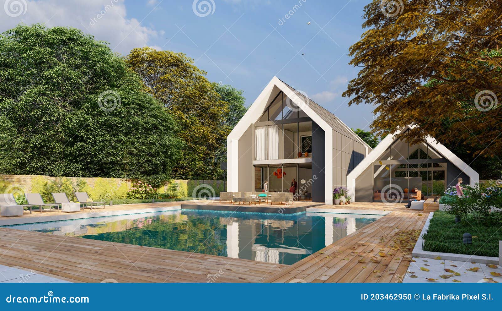 Modern Pitched Roof Villa with Pool and Garden Stock Illustration ...