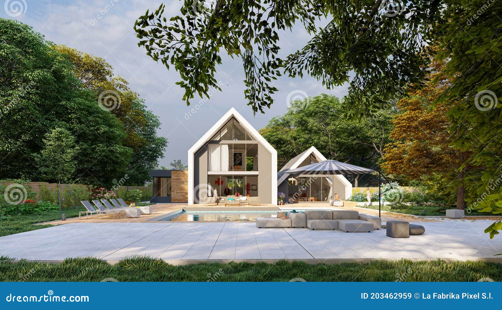 Modern Pitched Roof Villa with Pool and Garden Stock Illustration ...