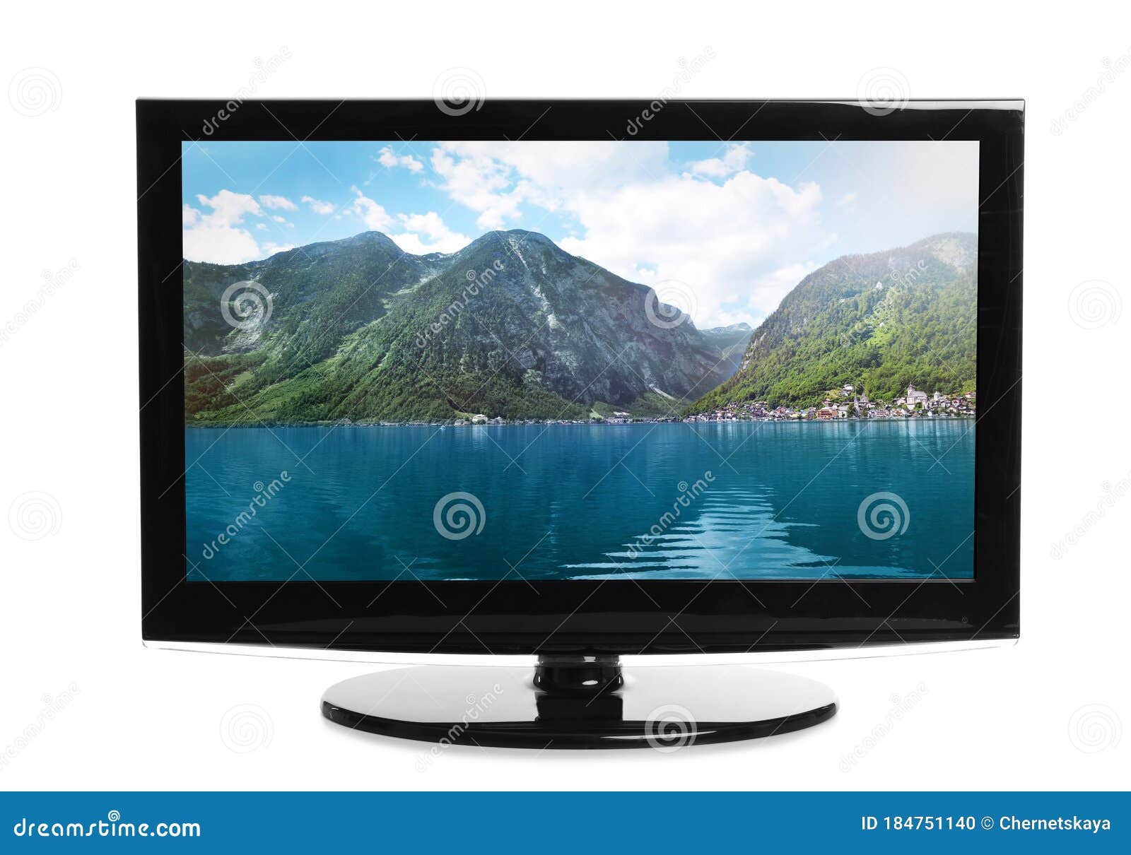 Modern Plasma TV with Landscape on Screen Against Background Stock ...