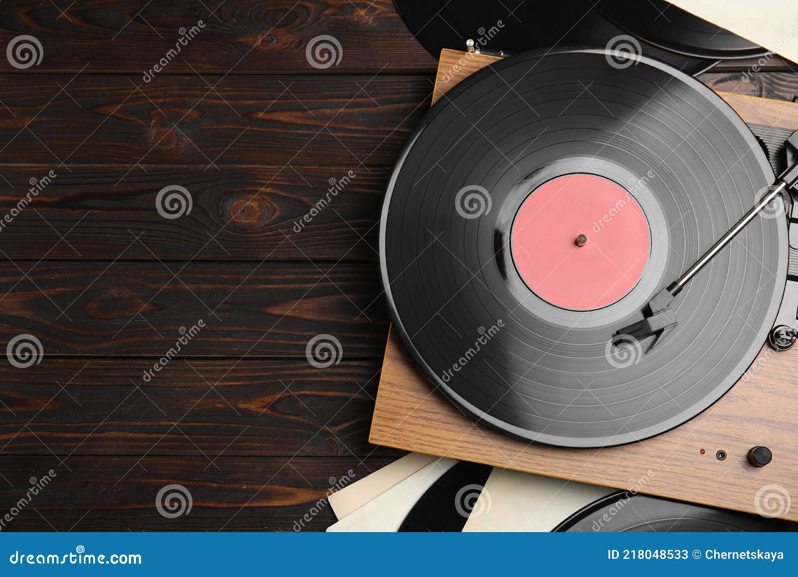 Modern Player and Vinyl Records on Wooden Background, Flat Lay. Space ...
