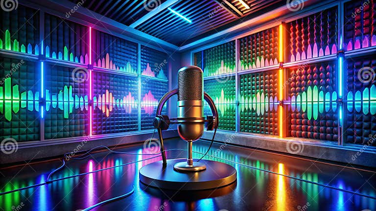 Modern Podcast Studio Setup with Dynamic Microphone Sound Wave Visualizer and Integrated Player ...