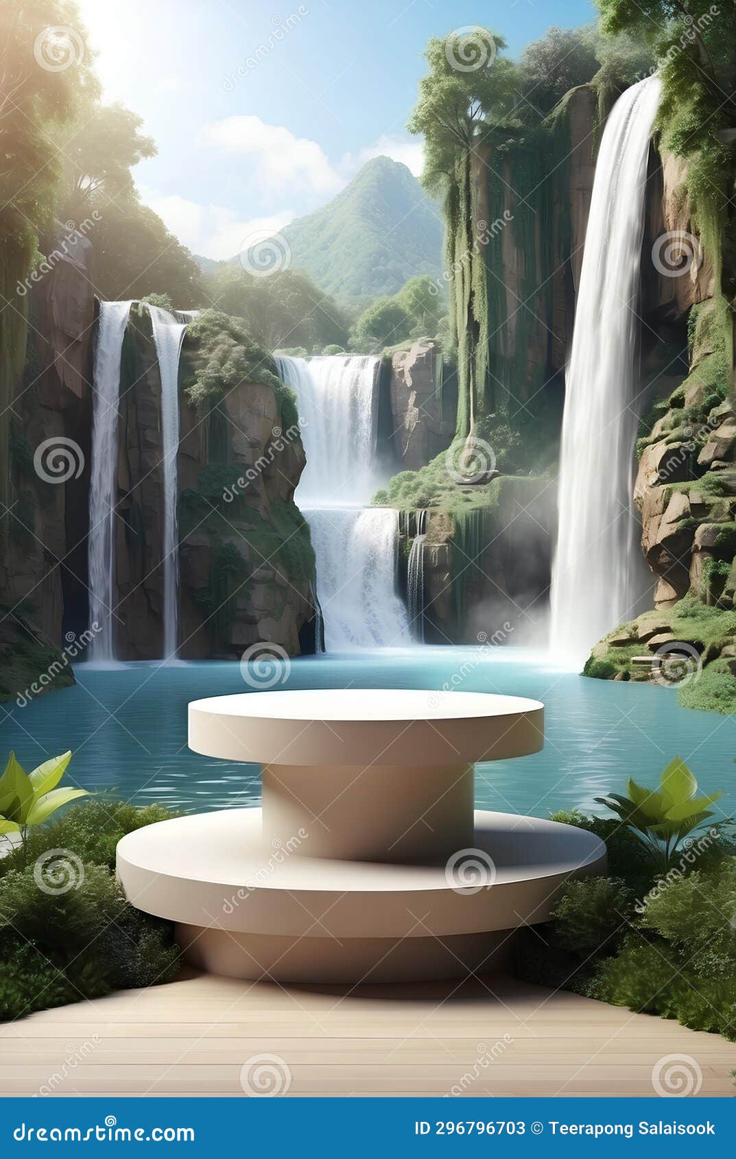 Modern Podium for Product Presentation with Mountain and Waterfall ...