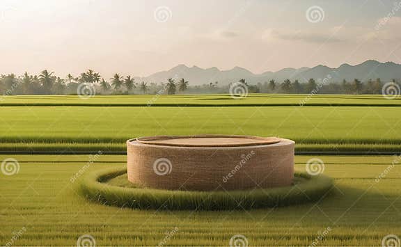 A Modern Podium with Rice Field Background Stock Illustration ...