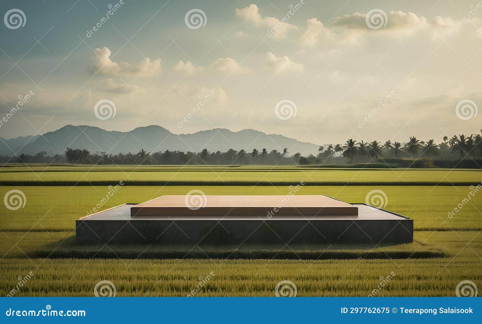 A Modern Podium with Rice Field Background Stock Illustration ...