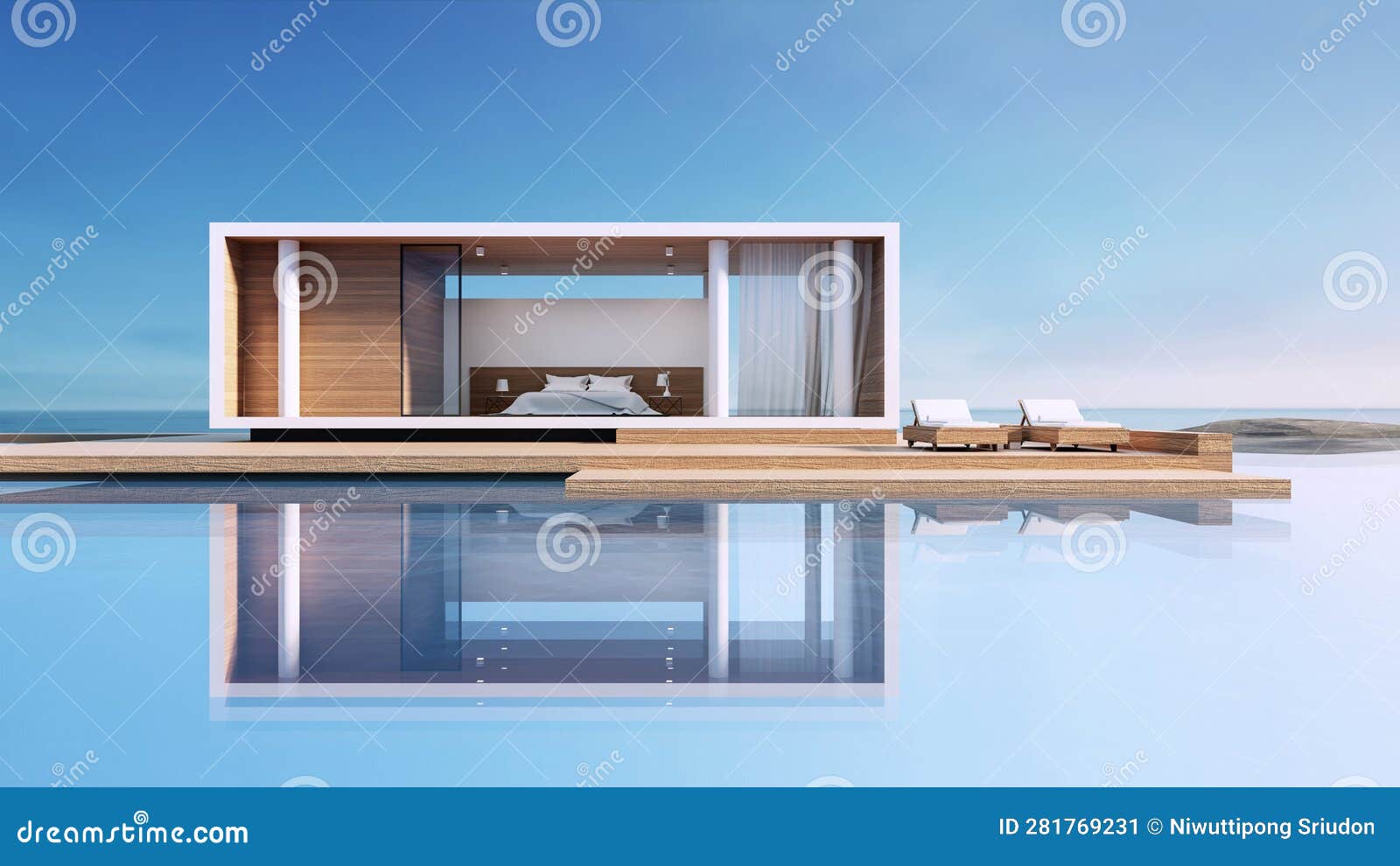 Modern Pool Villa Sea View - 3D Rendering Stock Illustration ...