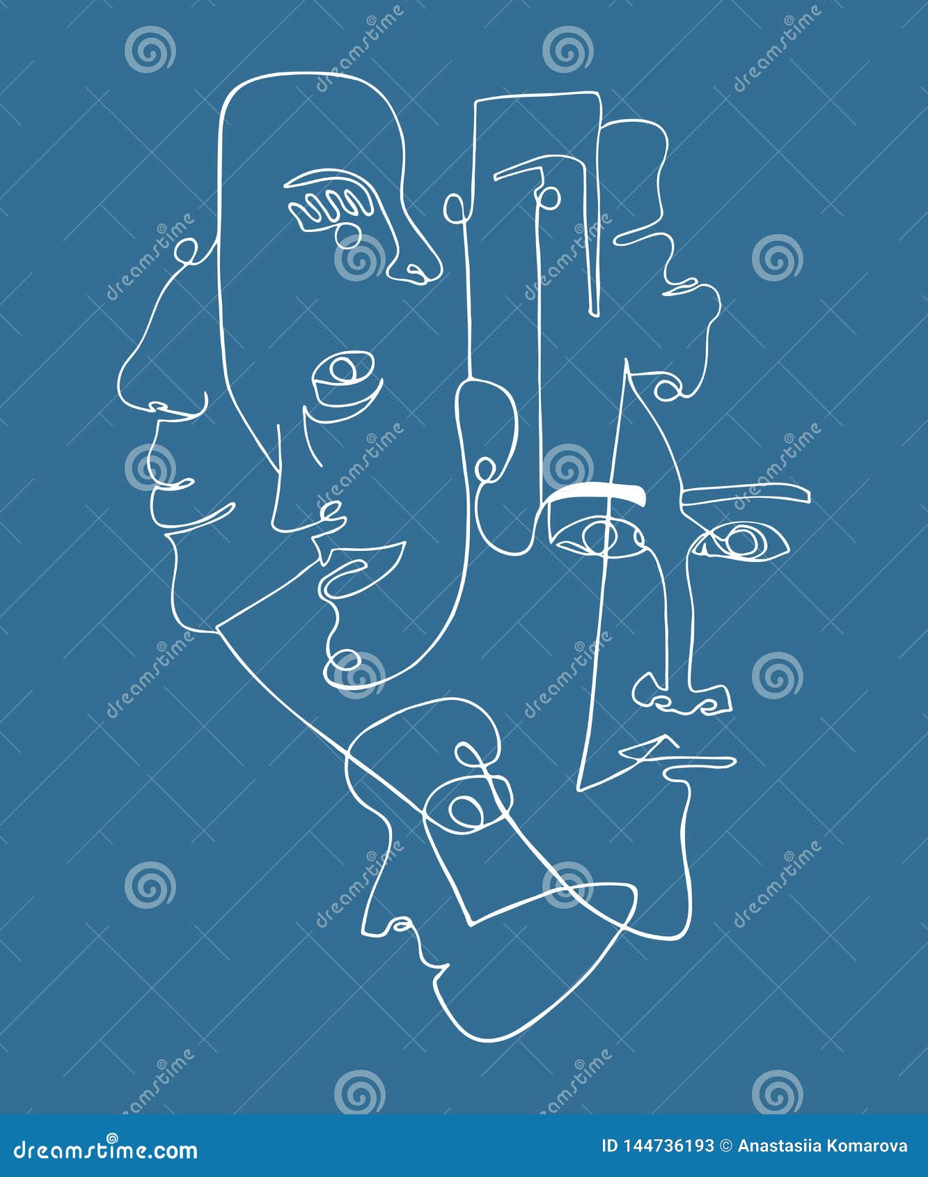 Modern Poster With Linear Abstract Faces. Continuous Line Art. One Line ...